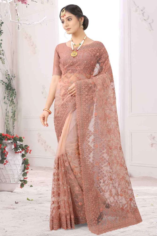 Rust Saree Online, Designer Net saree with Net Blouse at Shopkund UK ...