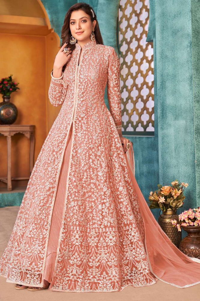 Peach Anarkali Suit with Embroidered Net